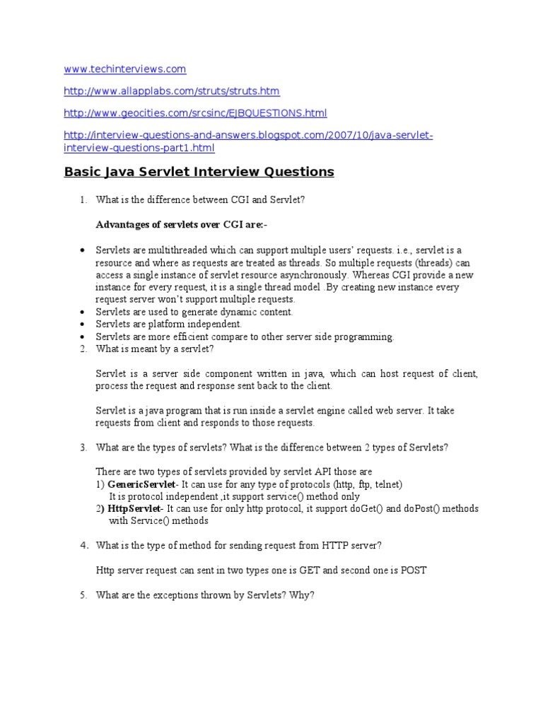 Basic Java Servlet Interview Questions Advantages Of Servlets Over Cgi Are Pdf Java Servlet