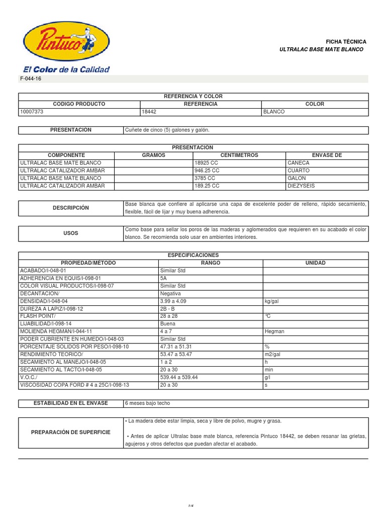 Ficha Tecnica 18442 Ultralac Base Mate Blanco 10007373.htm | PDF | Agua ...
