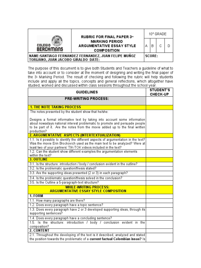 Rubric For Final Paper 3RD Marking Period | Download Free PDF ...