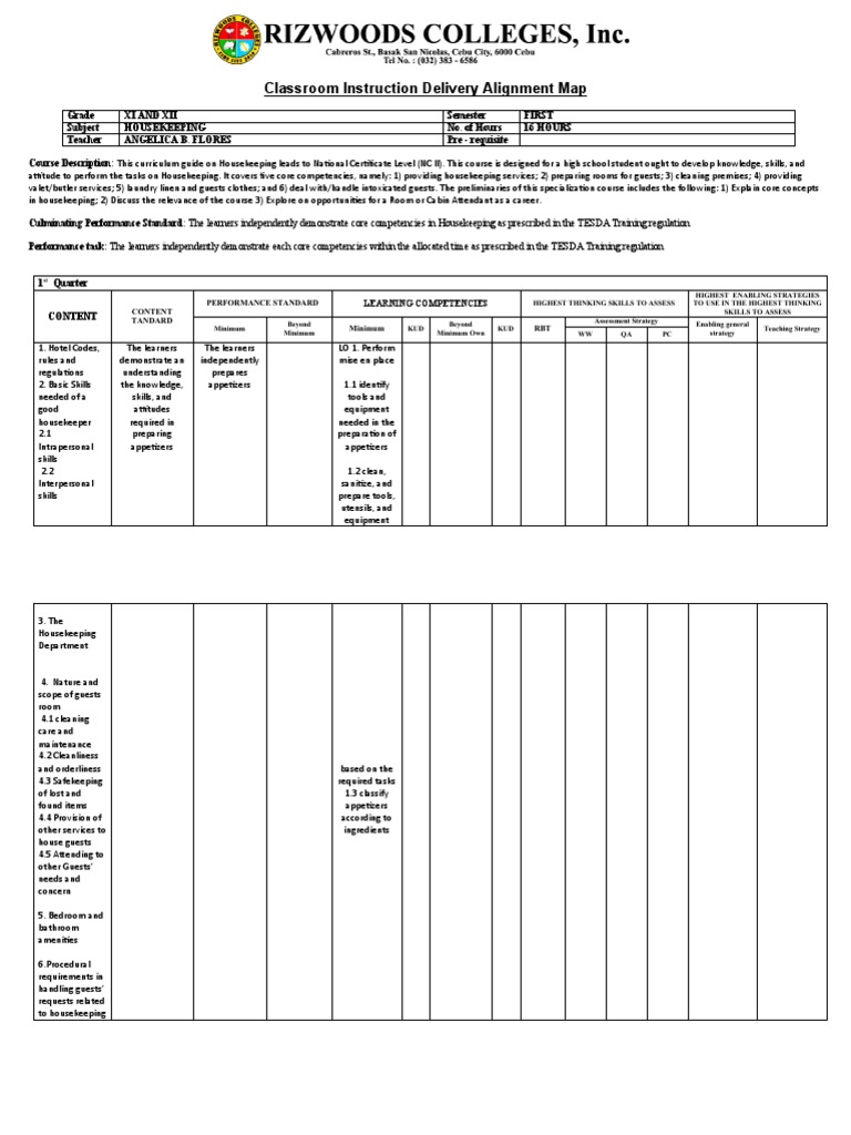 Classroom Instruction Delivery Alignment Map: Content Tandard ...