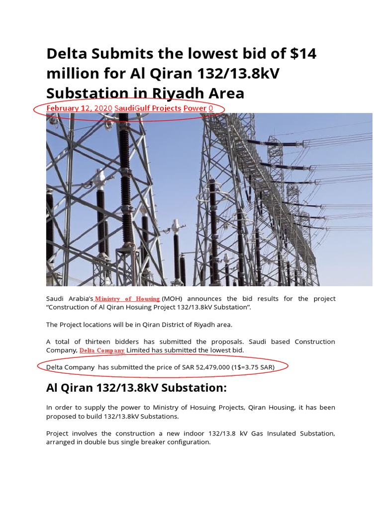 Delta Submits The Lowest Bid of $14 Million For Al Qiran 132/13.8kV ...