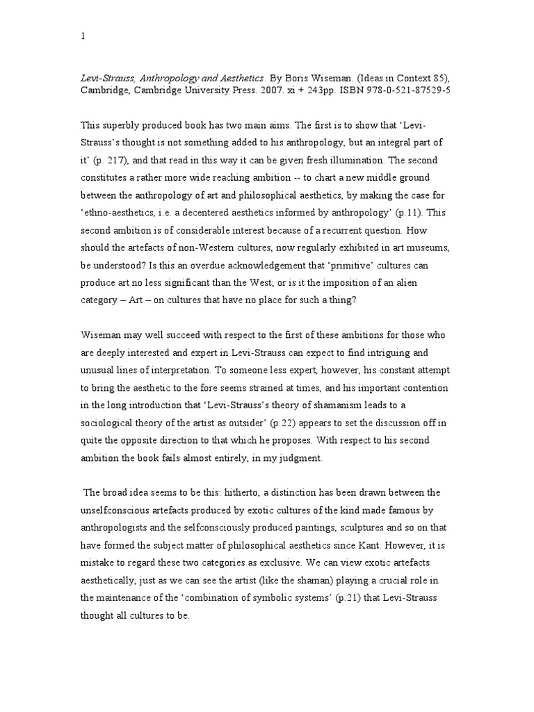 Boris Wiseman Levi-Strauss Anthropology | PDF | Aesthetics | Anthropology