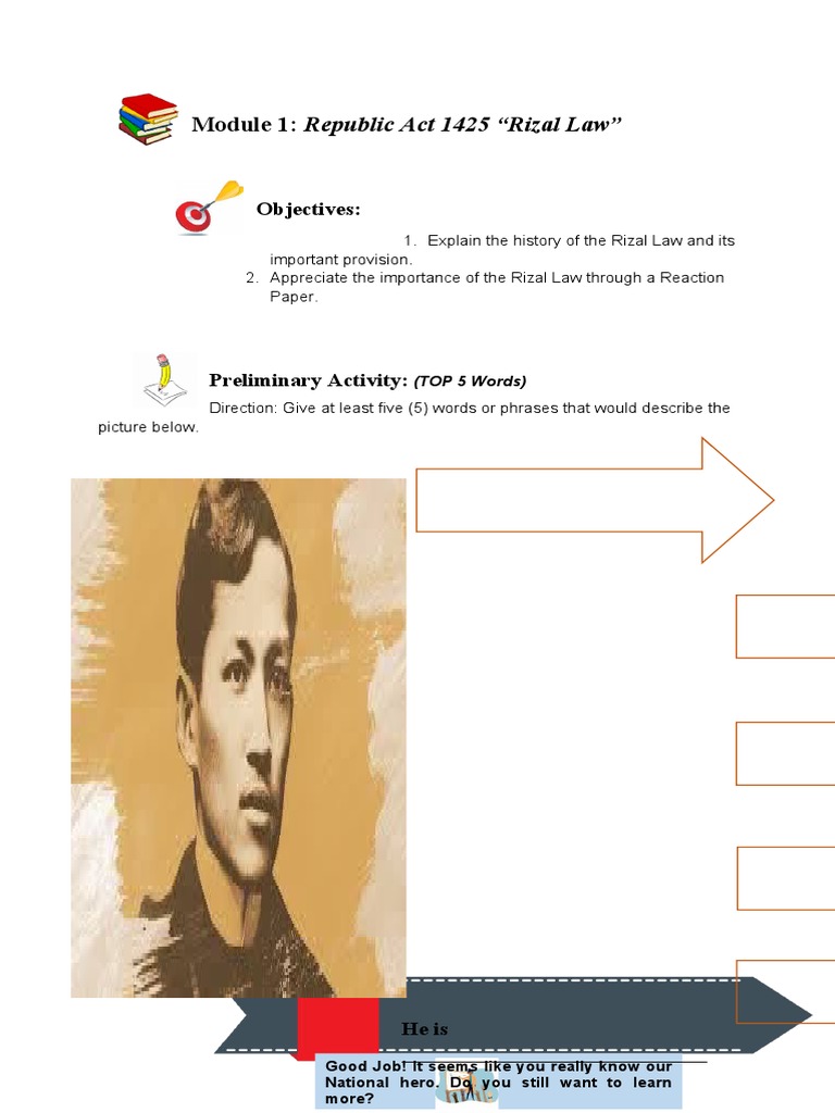 Module 1: Republic Act 1425 "Rizal Law": Objectives | PDF