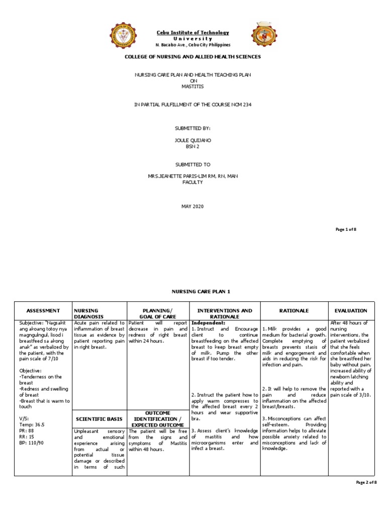 Quijano NCP Mastitis | PDF | Breastfeeding | Infection