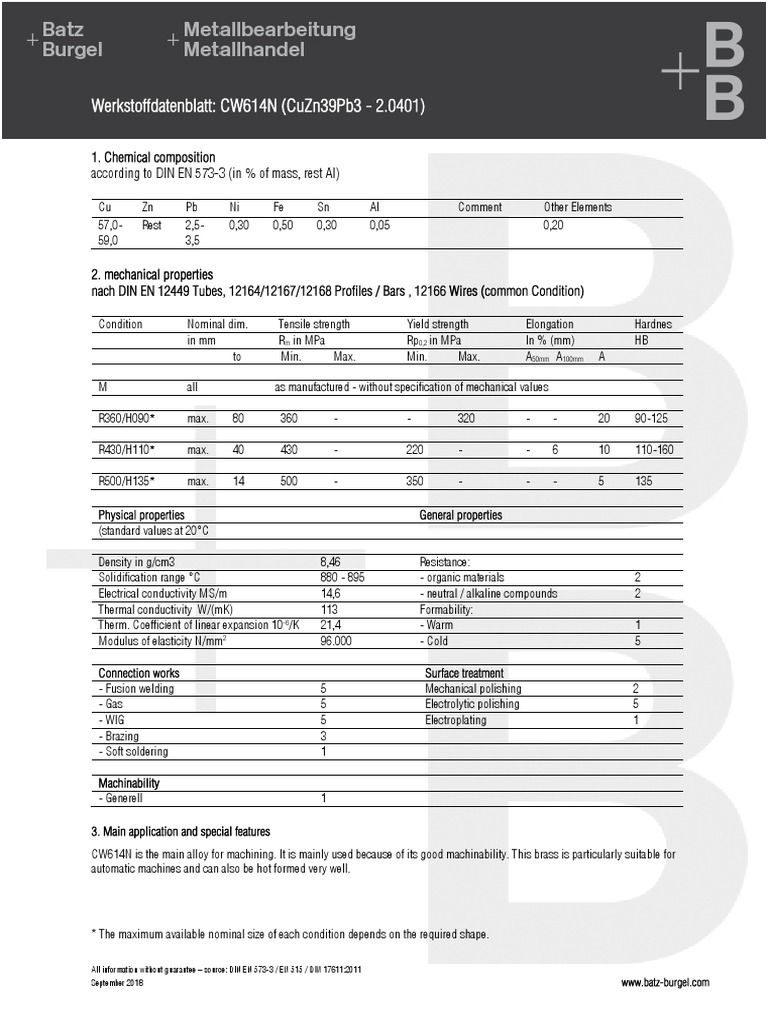 Werkstoffdatenblatt: Cw614N (Cuzn39Pb3 - 2.0401) | PDF | Strength Of ...