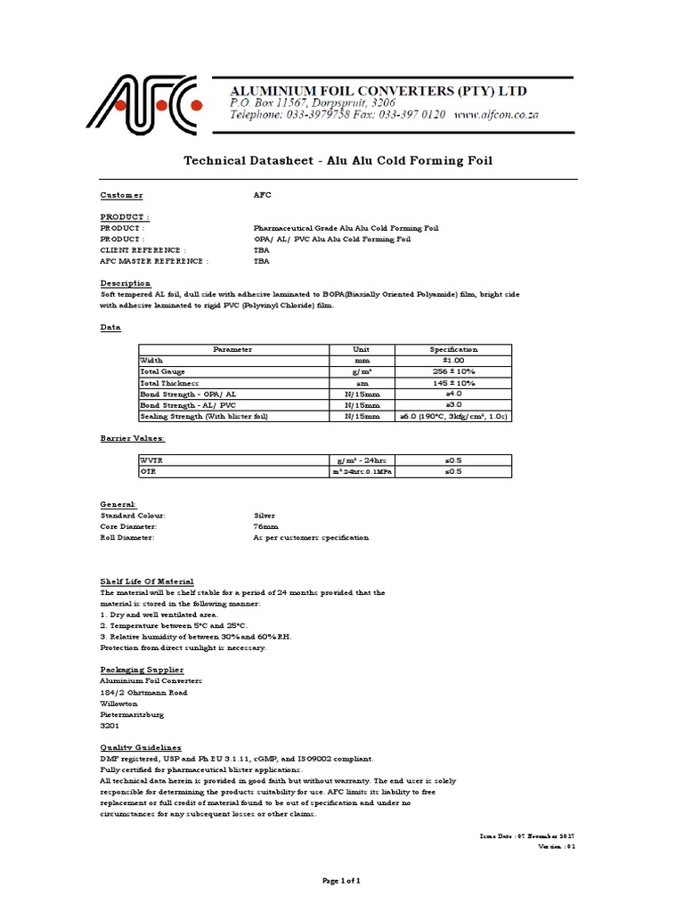 Alu Alu Cold-Forming Foil | PDF | Aluminium Foil | Polyvinyl Chloride