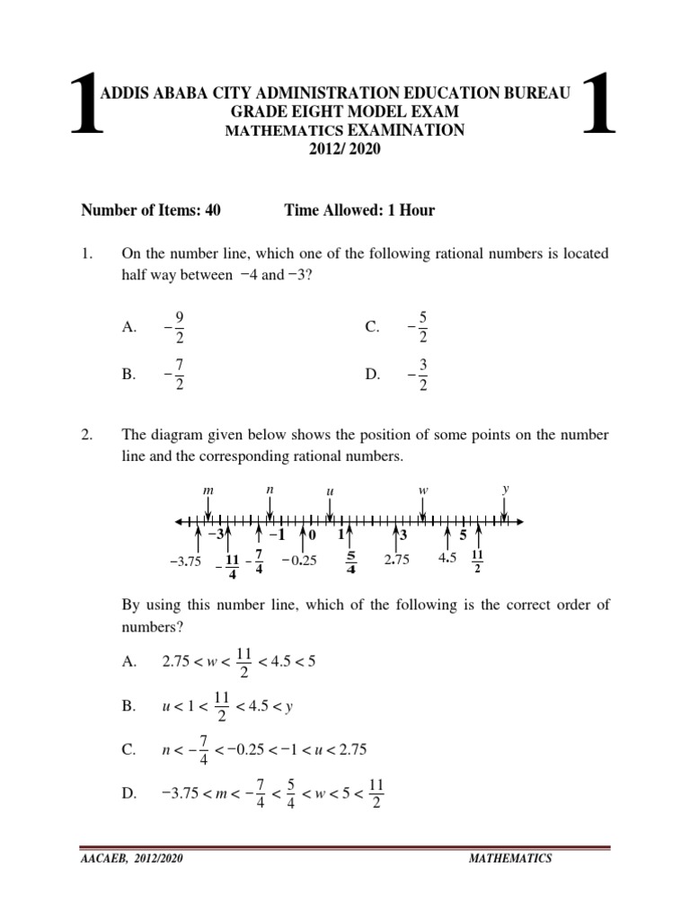 Addis Ababa City Administration Education Bureau Grade Eight Model Exam Examination 2012/ 2020 ...