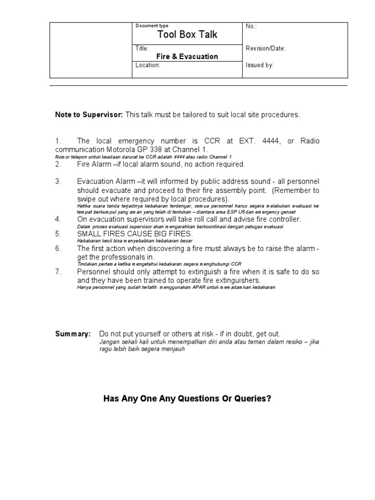 Tool Box Talk: Fire & Evacuation | PDF | Safety | Business