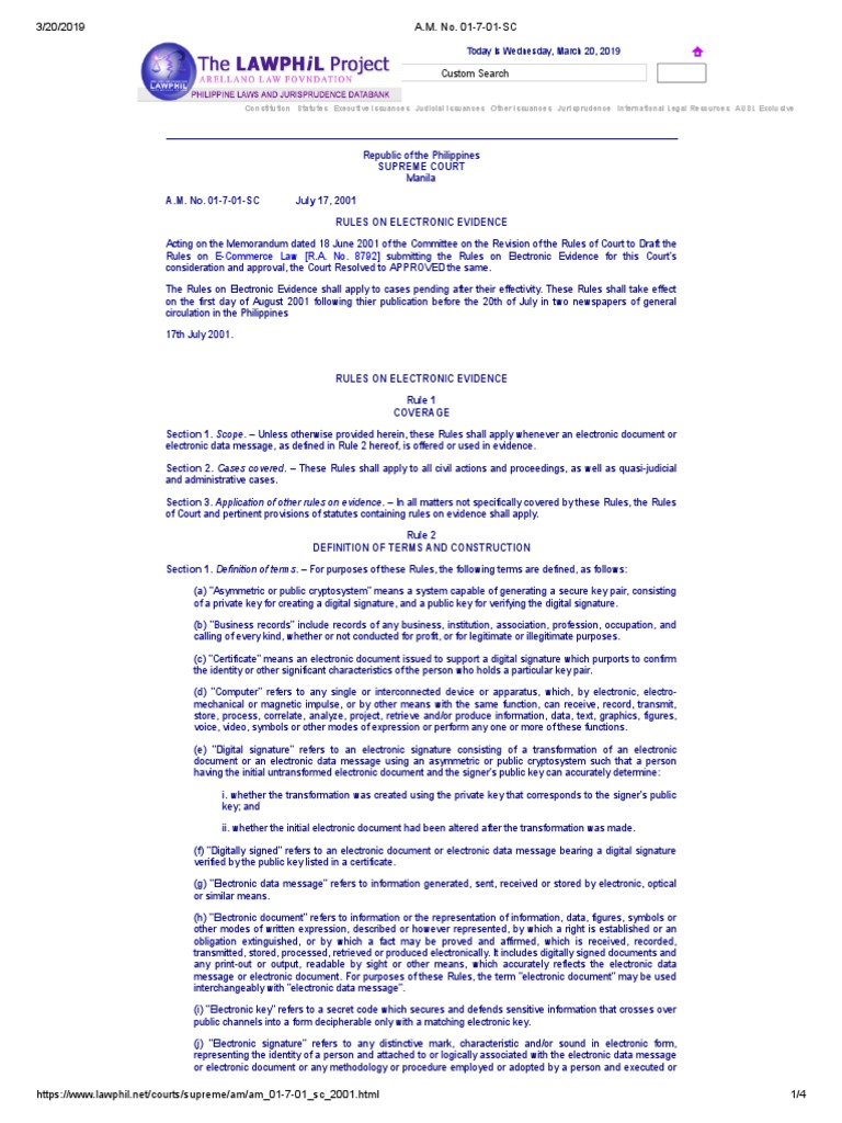 A.M. No. 01-7-01-SC Electronic Evidence | PDF | Affidavit | Public Key Cryptography