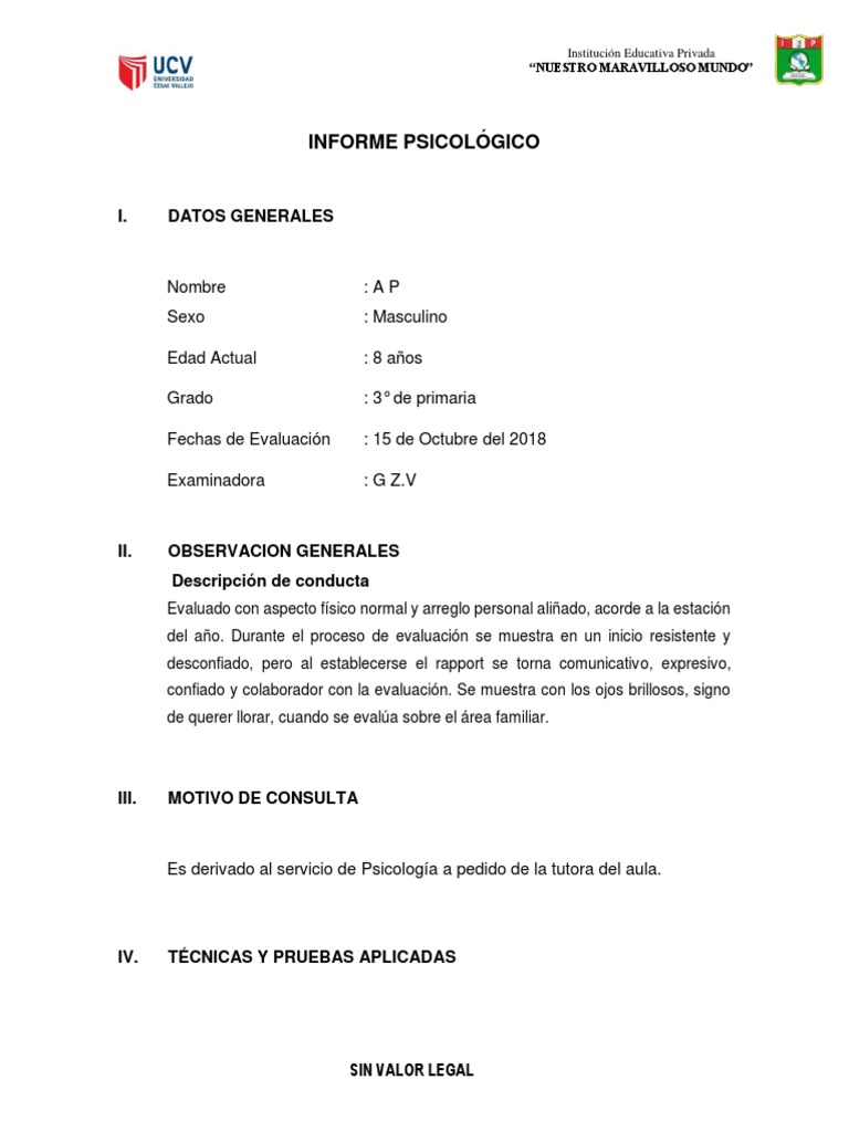 Informe Psicológico de Colegio Ejemplo4 | PDF | Sicología | Comportamiento