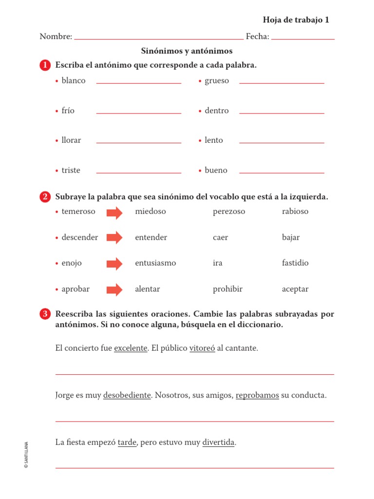 Hoja de trabajo sinónimos y antónimos | PDF