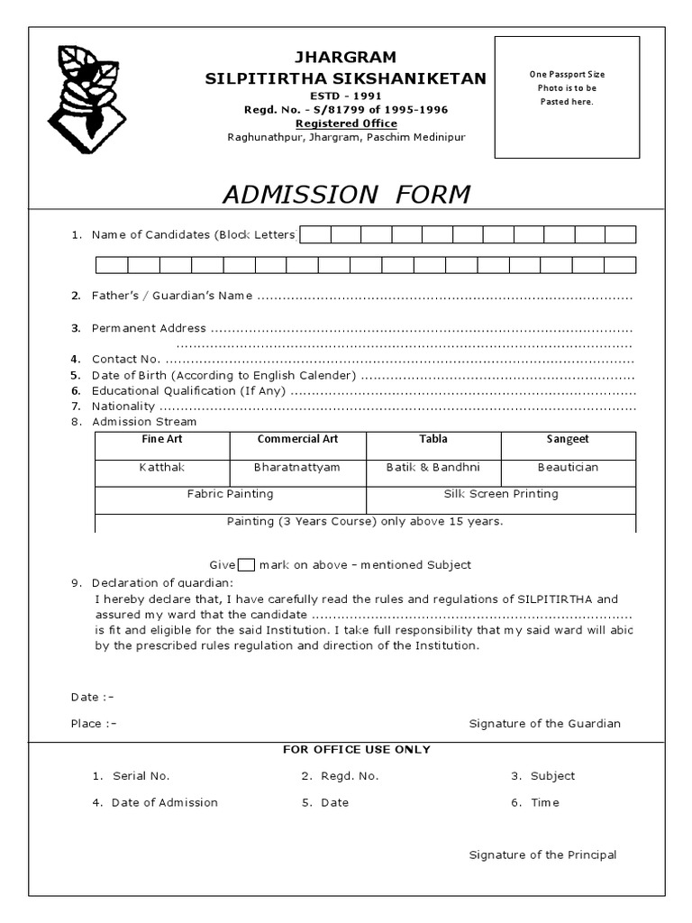 Admission Form: Jhargram Silpitirtha Sikshaniketan | PDF