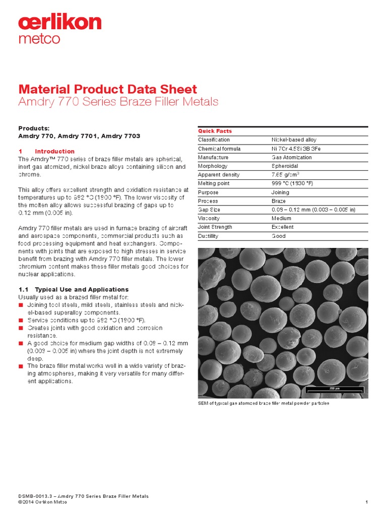 Material Product Data Sheet Amdry 770 Series Braze Filler Metals | PDF ...