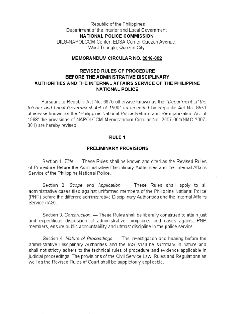 Revised Rules of Procedure for PNP Disciplinary Cases | PDF | Complaint ...