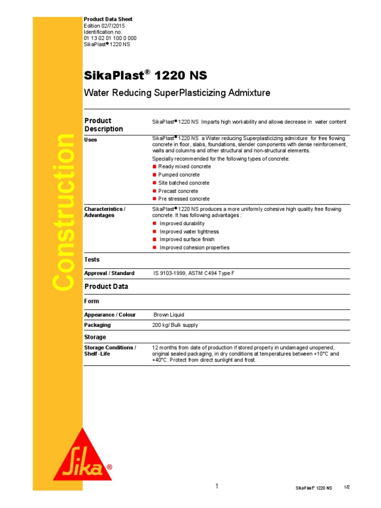 SikaPlast 1220 NS | PDF | Concrete | Water