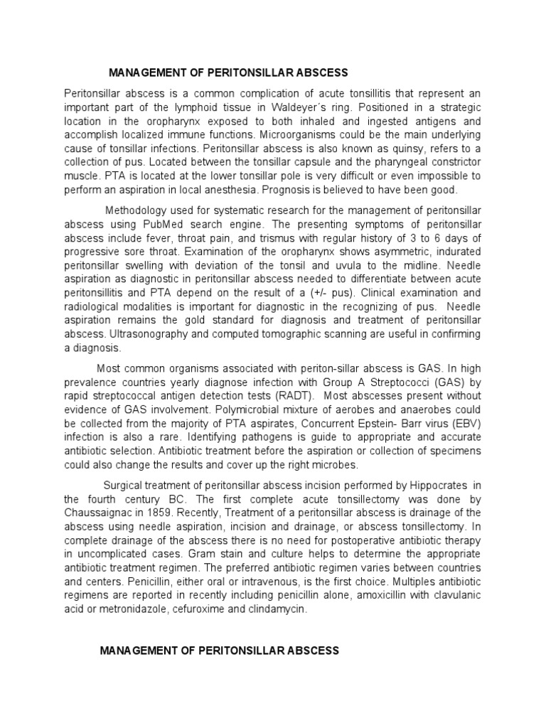 Management of Peritonsillar Abscess | PDF | Microbiology | Rtt