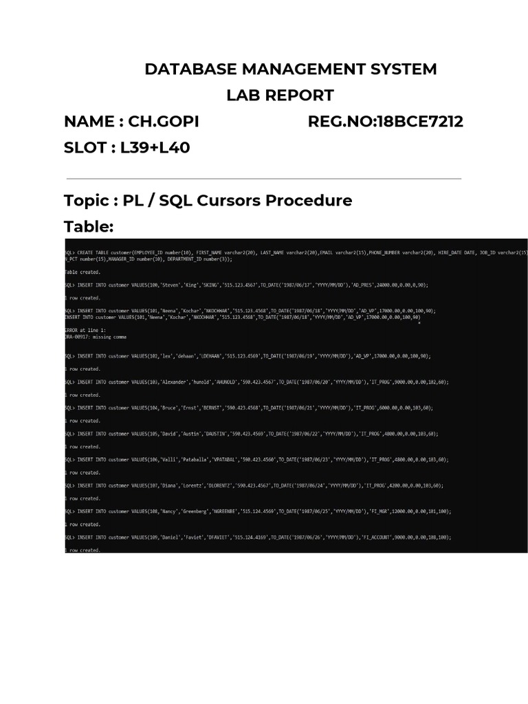 18bce7212 Lab | PDF | Pl/Sql | Data Management Software