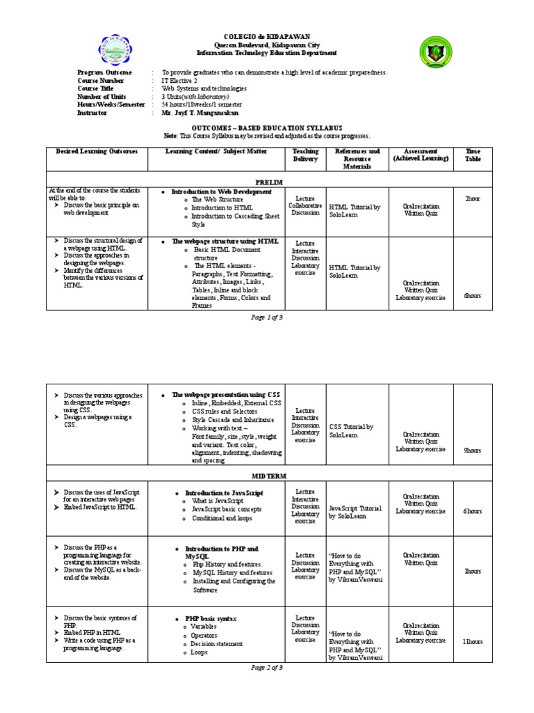 IT Elective 2 Web Systems and Technologies - Syllabus | PDF | Html | Cascading Style Sheets