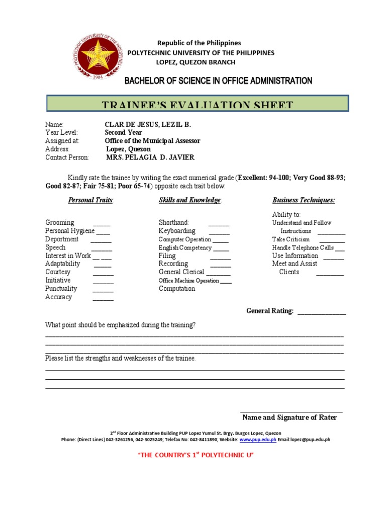 Bsoa 2 Trainees Evaluation Sheet | Download Free PDF | Fax | Office Work