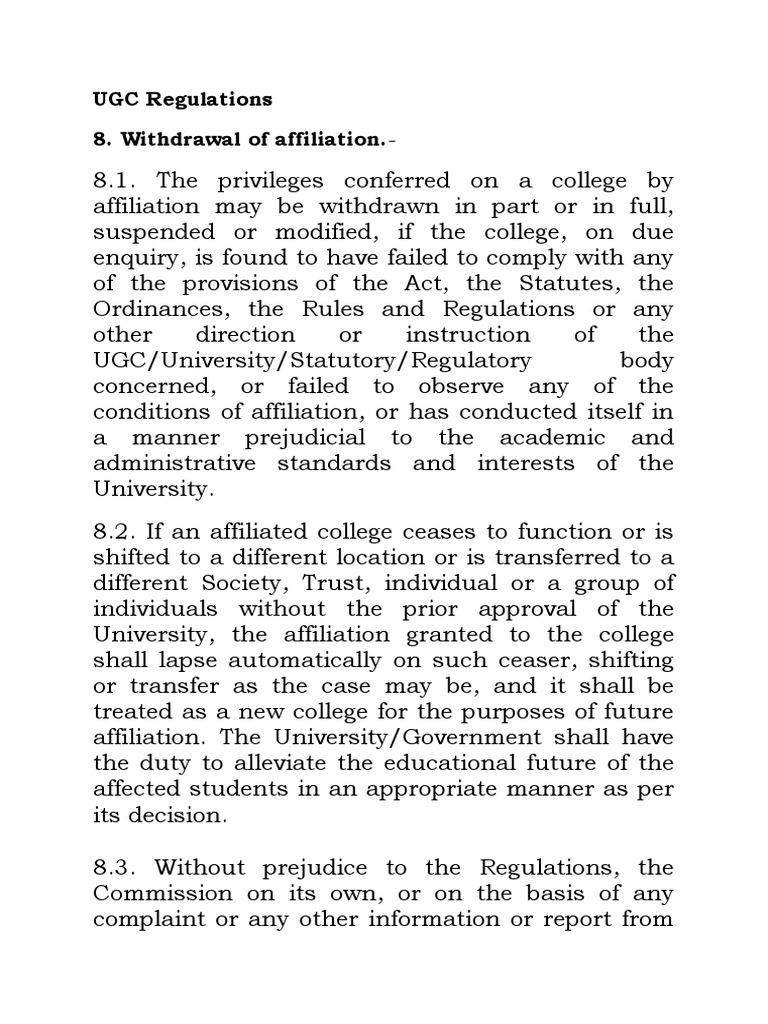 UGC Regulations 8. Withdrawal of Affiliation. | PDF