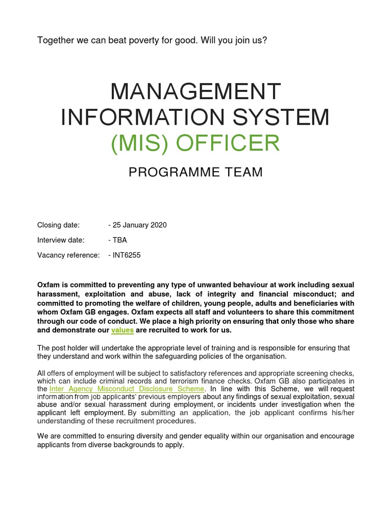 OGB Job Profile Oct 2019 - MIS Officer | PDF | Oxfam | Management ...