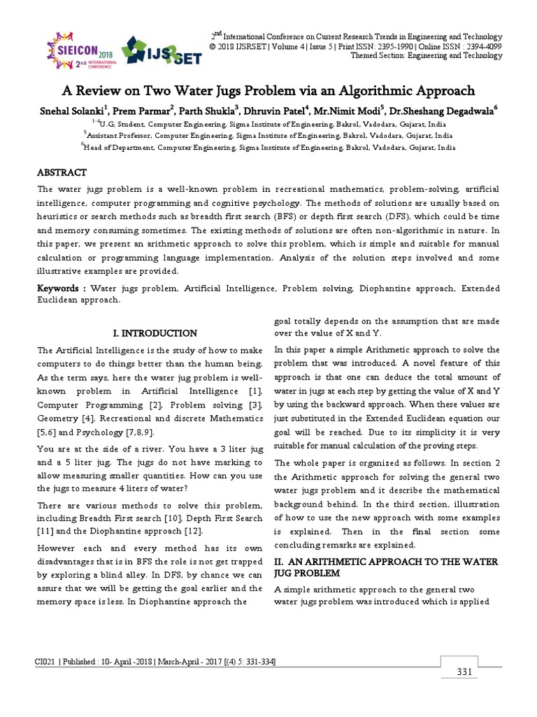A Review On Two Water Jugs Problem Via An Algorithmic Approach | PDF | Arithmetic | Artificial ...
