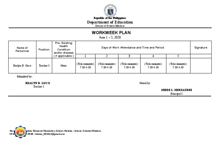 Department of Education Workweek Plan: June 1 - 5, 2020 | PDF