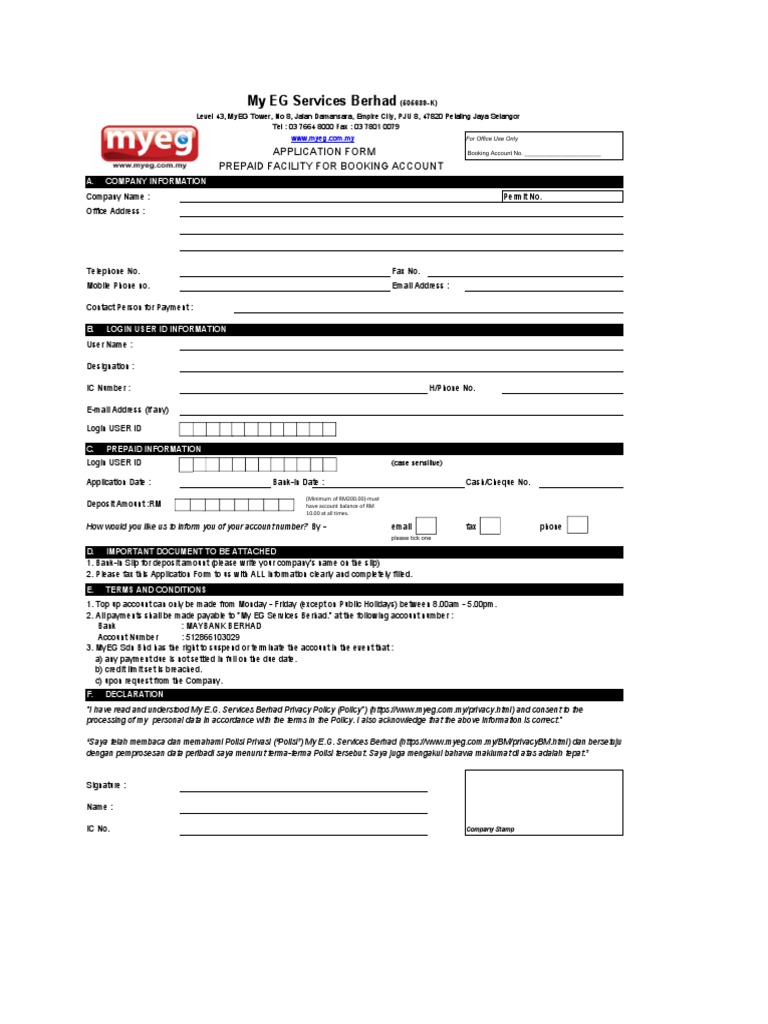 My EG Services Berhad: Application Form Prepaid Facility For Booking ...
