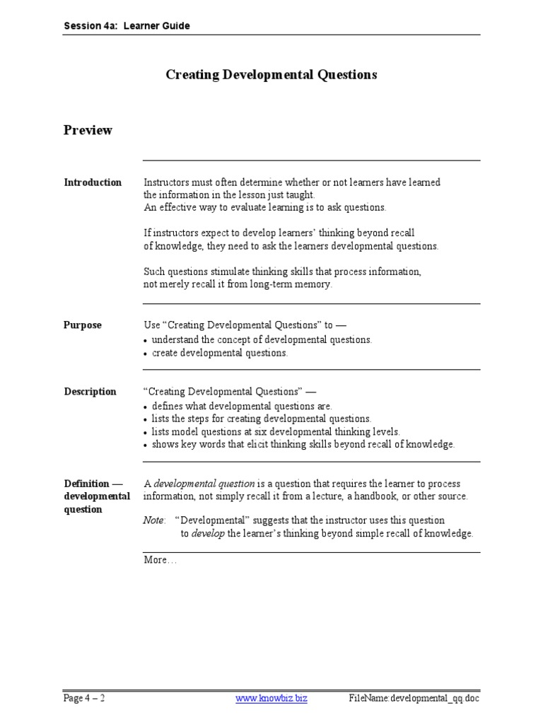 Creating Developmental Questions: Session 4a: Learner Guide | PDF ...