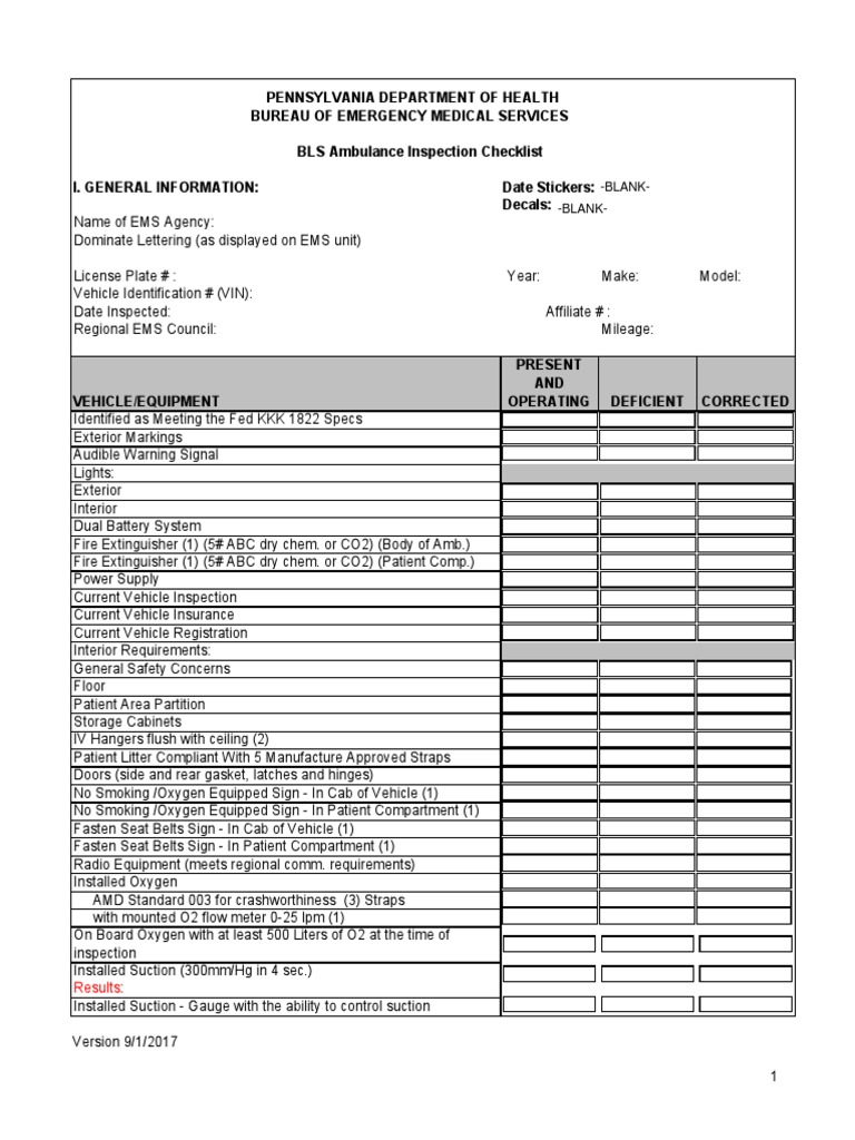 BLS Ambulance Inspection Checklist | PDF | Emergency Medical Services ...