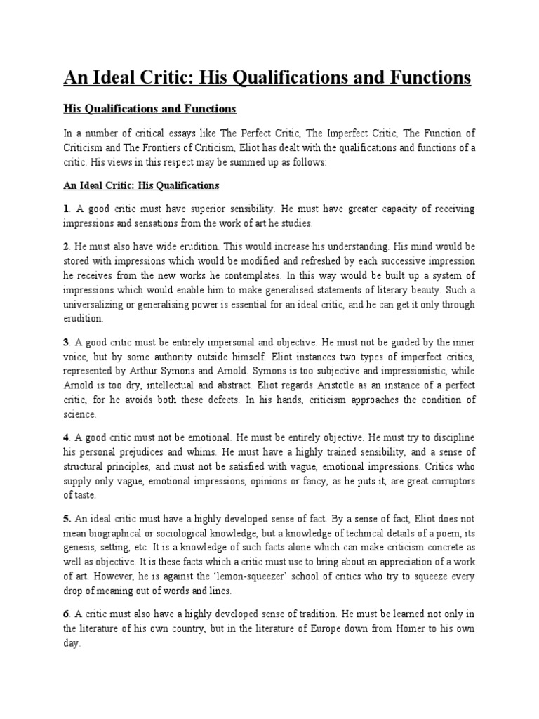 An Ideal Critic: His Qualifications and Functions | PDF | Poetry ...