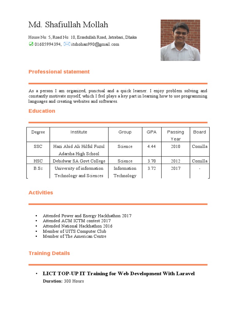 Md. Shafiullah Mollah: Professional Statement | PDF | Career & Growth | Business