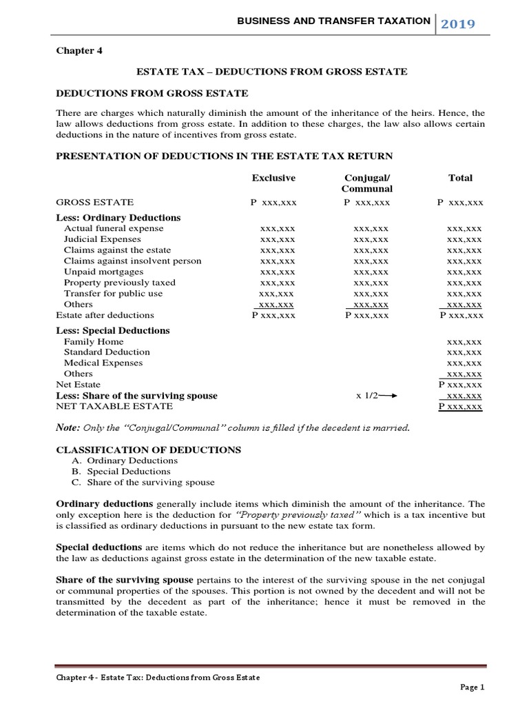 TAXATION 2 Chapter 4 Estate Tax Deductions From Gross Estate | PDF ...