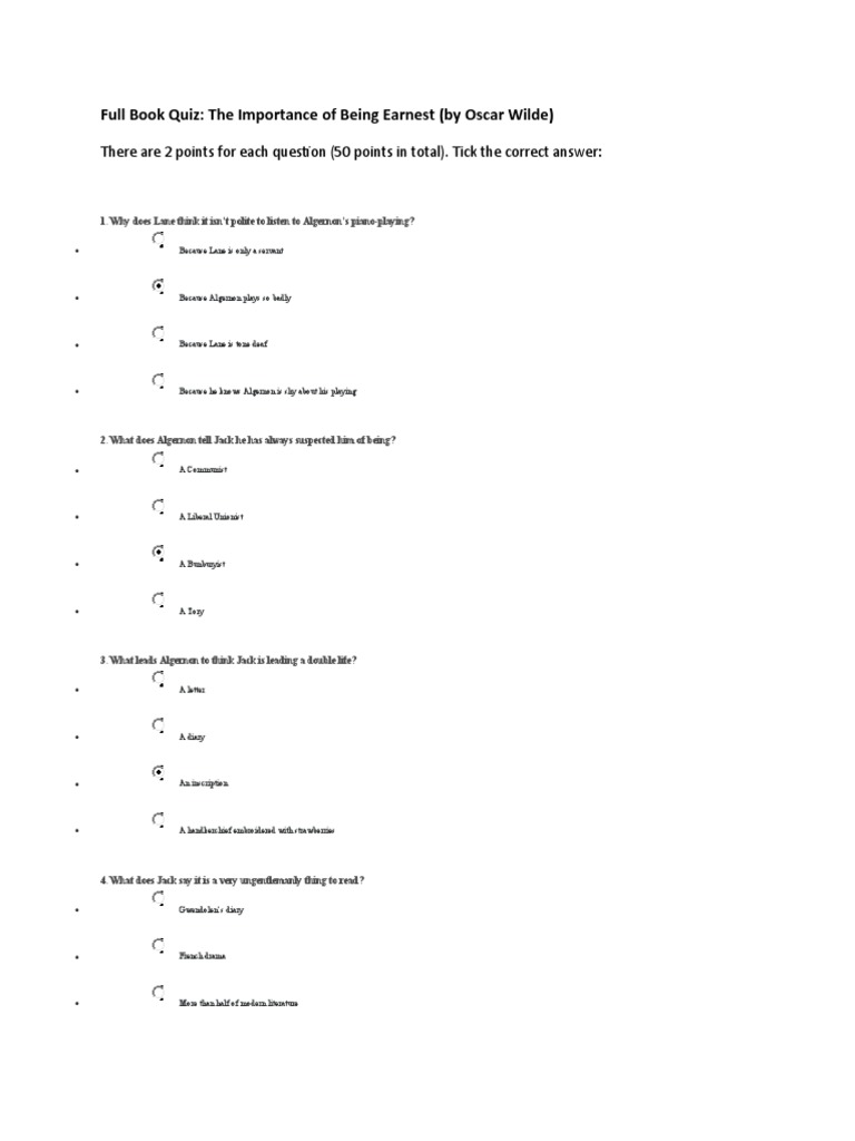 The Importance of Being Earnest (Quiz) | PDF | The Importance Of Being ...