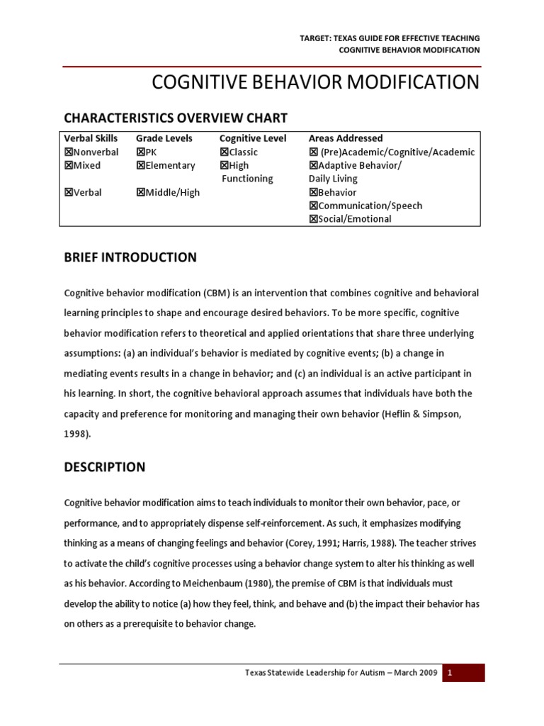 Cognitive Behavior Modification: Characteristics Chart | PDF | Autism ...