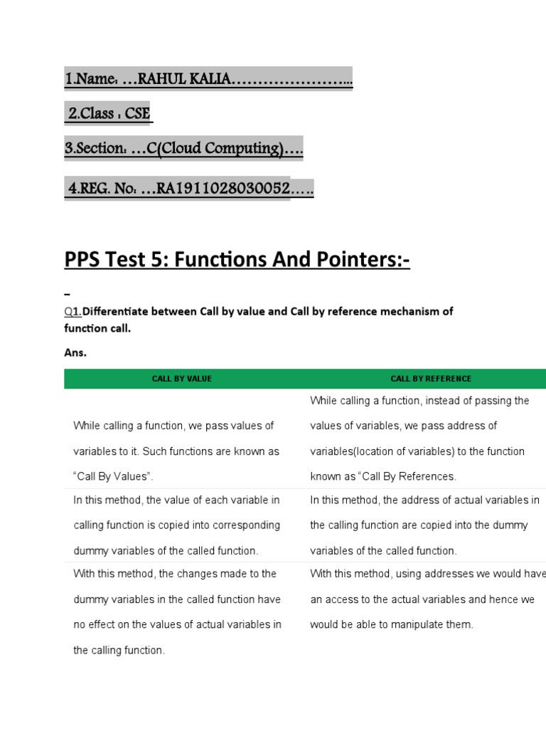 Pps Test 5 Functions And Pointers Pdf Parameter Computer Programming Subroutine