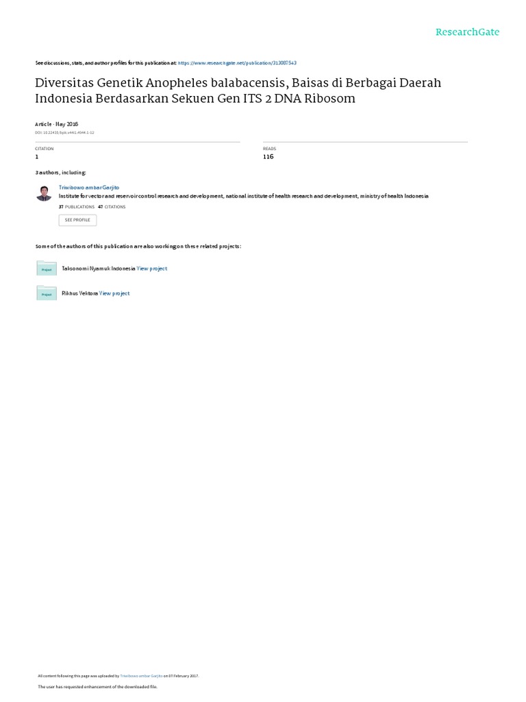 Diversitas Genetik Anopheles Balabacensis Baisas D | PDF | Ribosomal Rna | Rna