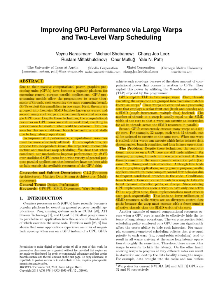 Improving GPU Performance Via Large Warps and Two-Level Warp Scheduling | PDF | Parallel ...
