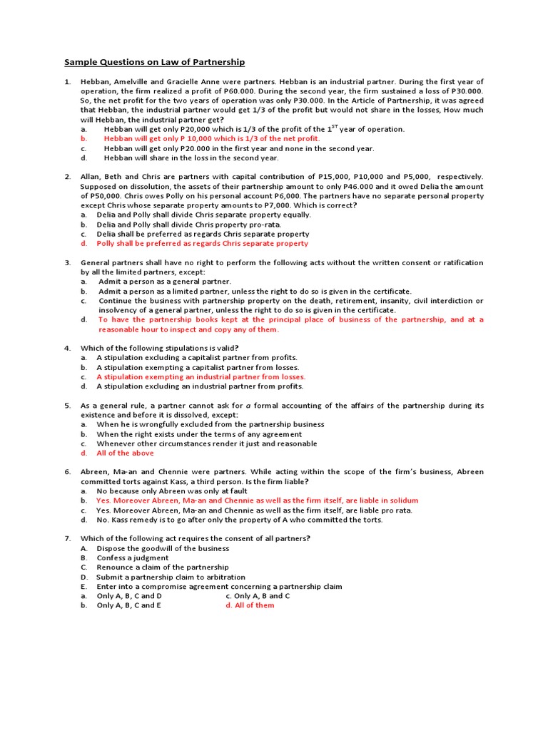 Partnership Law Exam Questions and Answers | PDF | General Partnership ...