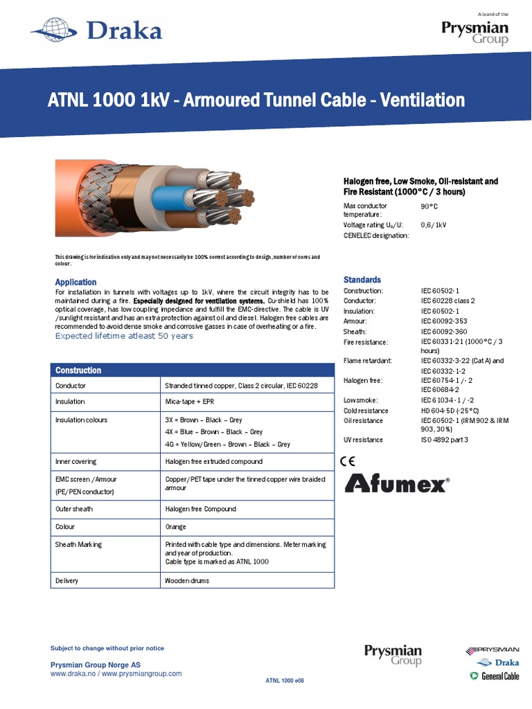 ATNL 1000 1kV - Armoured Tunnel Cable - Ventilation: Standards ...