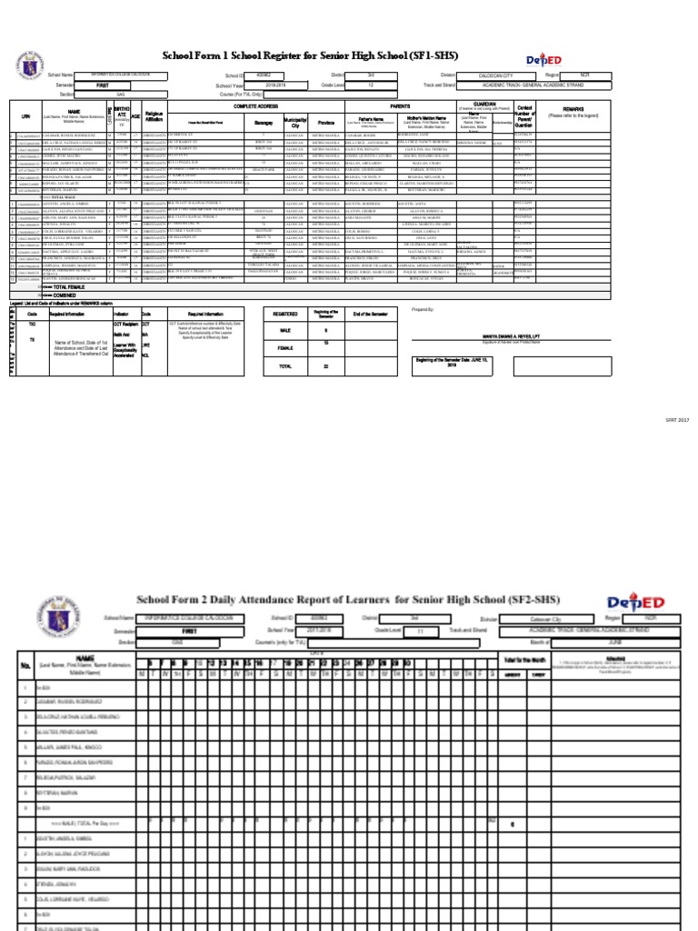 School Form 1 School Register For Senior High School (SF1-SHS) | PDF ...
