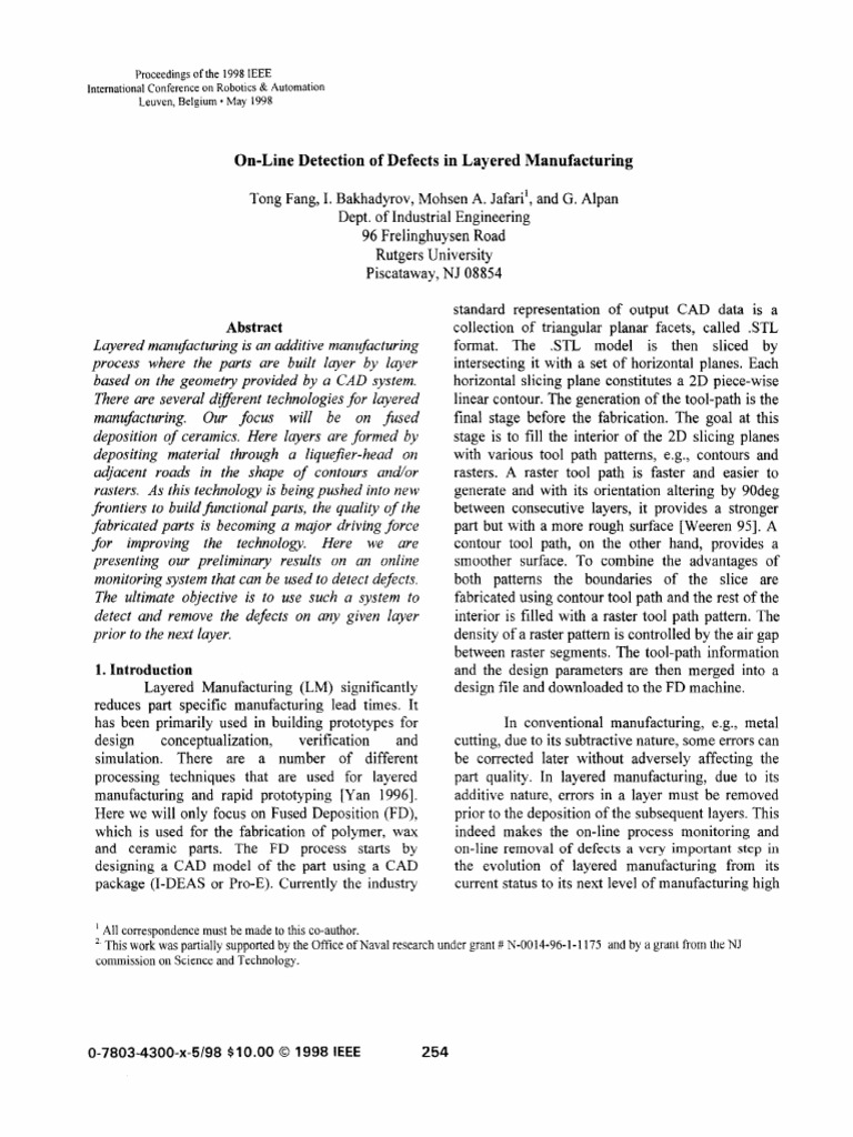 On-Line Detection of Defects in Layered Manufacturing: Is Use A | PDF ...