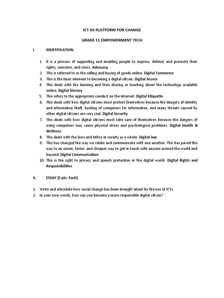 Ict As Platform For Change Grade 11 Empowerment Tech: I. Identification ...