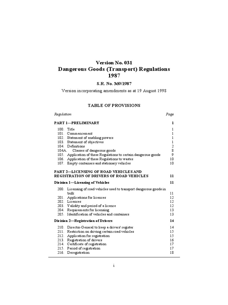 Dangerous Goods (Transport) Regulations 1987: Version No. 031 | PDF ...