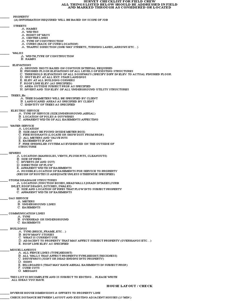 Survey Checklist For Field Crew All Things Listed Below Should Be ...