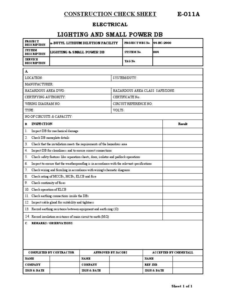 Construction Check Sheet Lighting and Small Power DB E-011A: Electrical ...