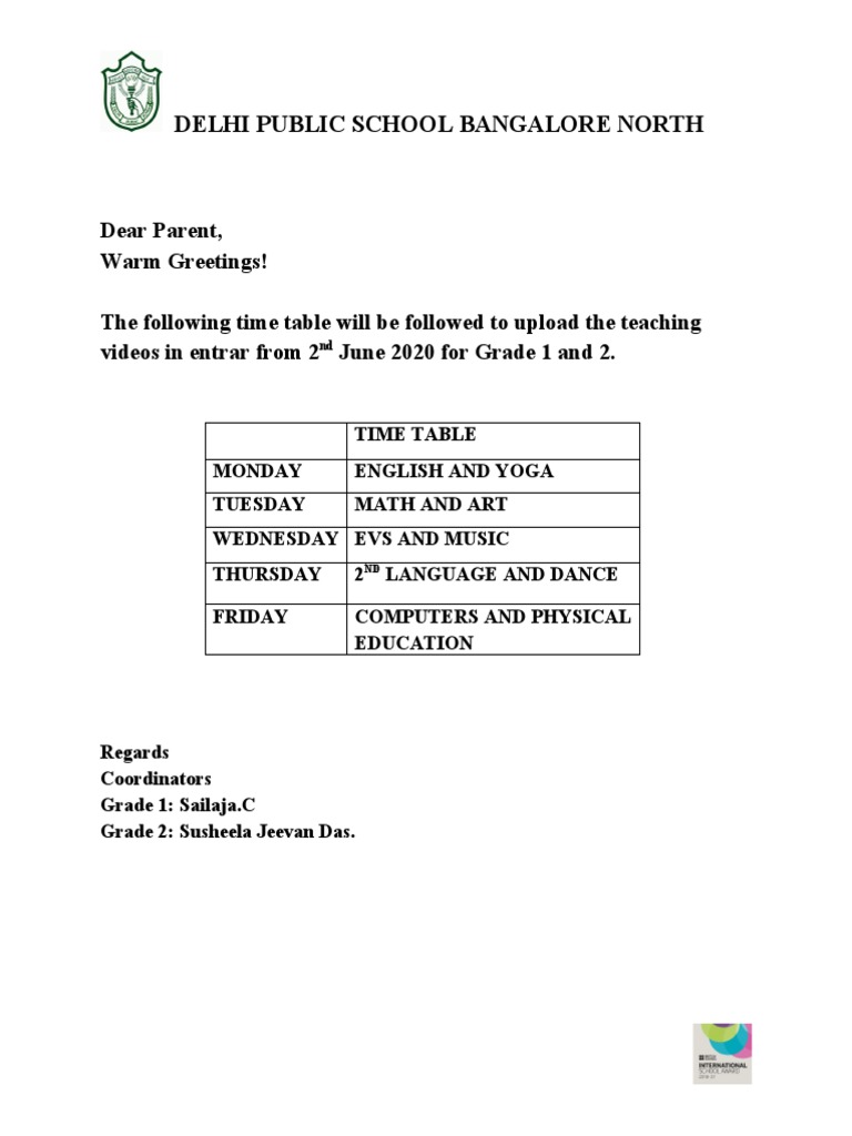 Grade 1 and 2 Time Table | PDF