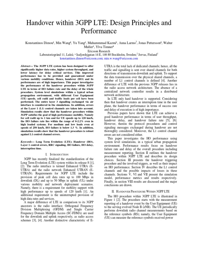 Handover Within 3GPP LTE: Design Principles and Performance | PDF | Lte ...