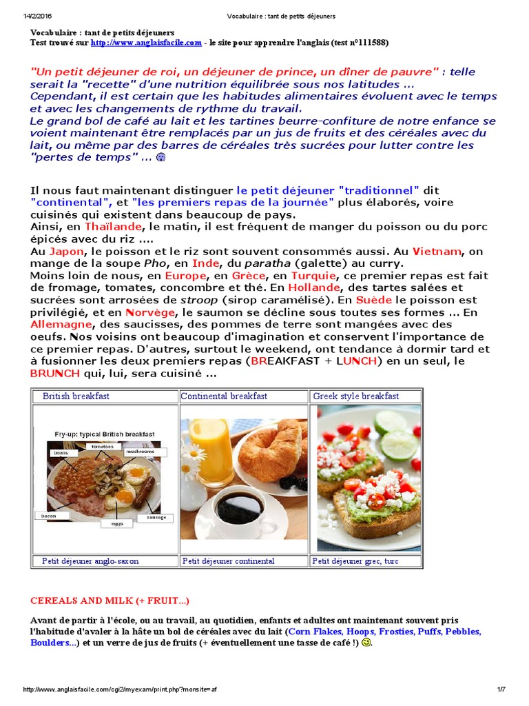 Vocabulaire - Tant de Petits Déjeuners | PDF | Nourriture et boisson ...