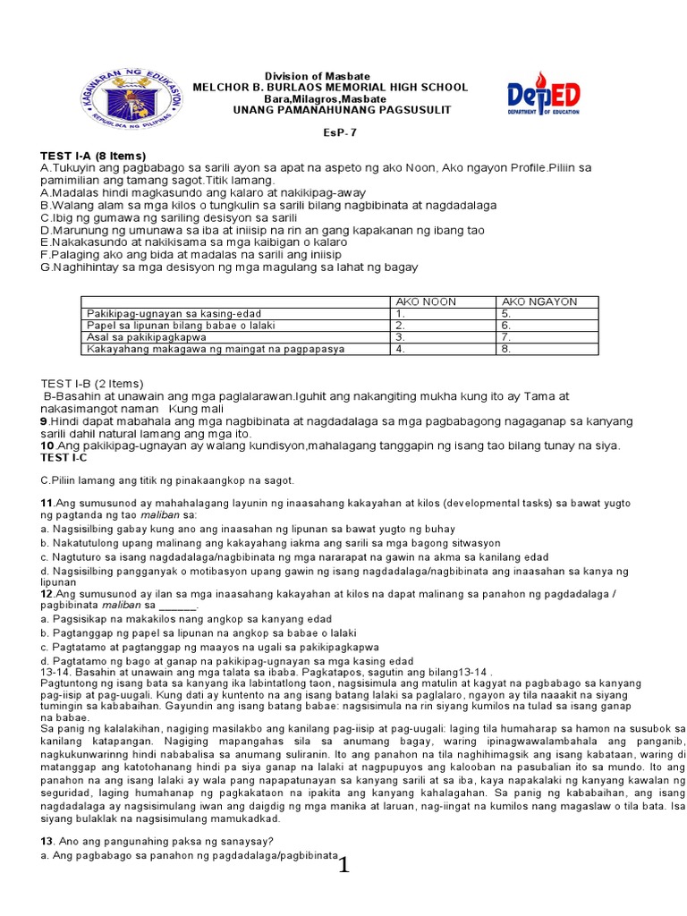 1ST Quarter Exam EsP7 | PDF